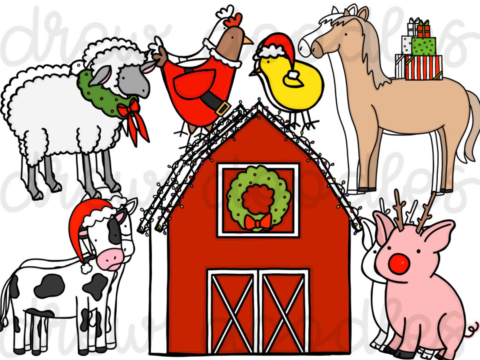 Christmas Farm Digital Clip Art Set Color and Black Line - Etsy