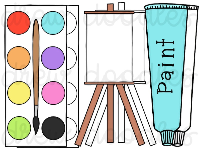 Paint Art Supplies Digital Clip Art Set Color and Black Line | Etsy