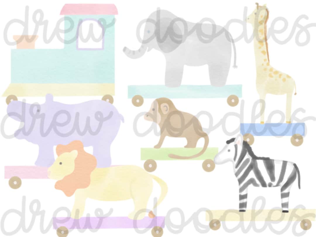 Watercolor Pull Toy Animal Train Digital Clip Art Set- Instant Download ...