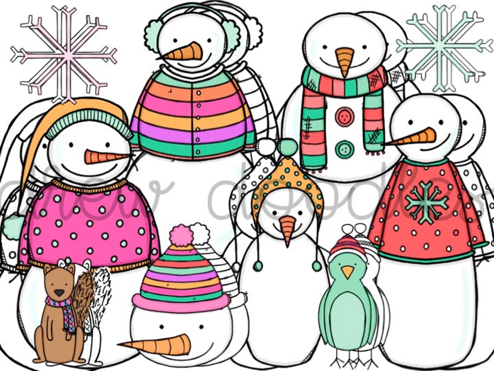 Bright Snowmen Digital Clip Art Set Color and Black Line | Etsy