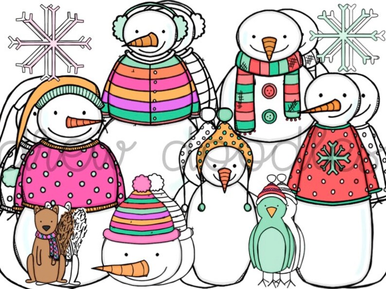 Bright Snowmen Digital Clip Art Set Color and Black Line | Etsy