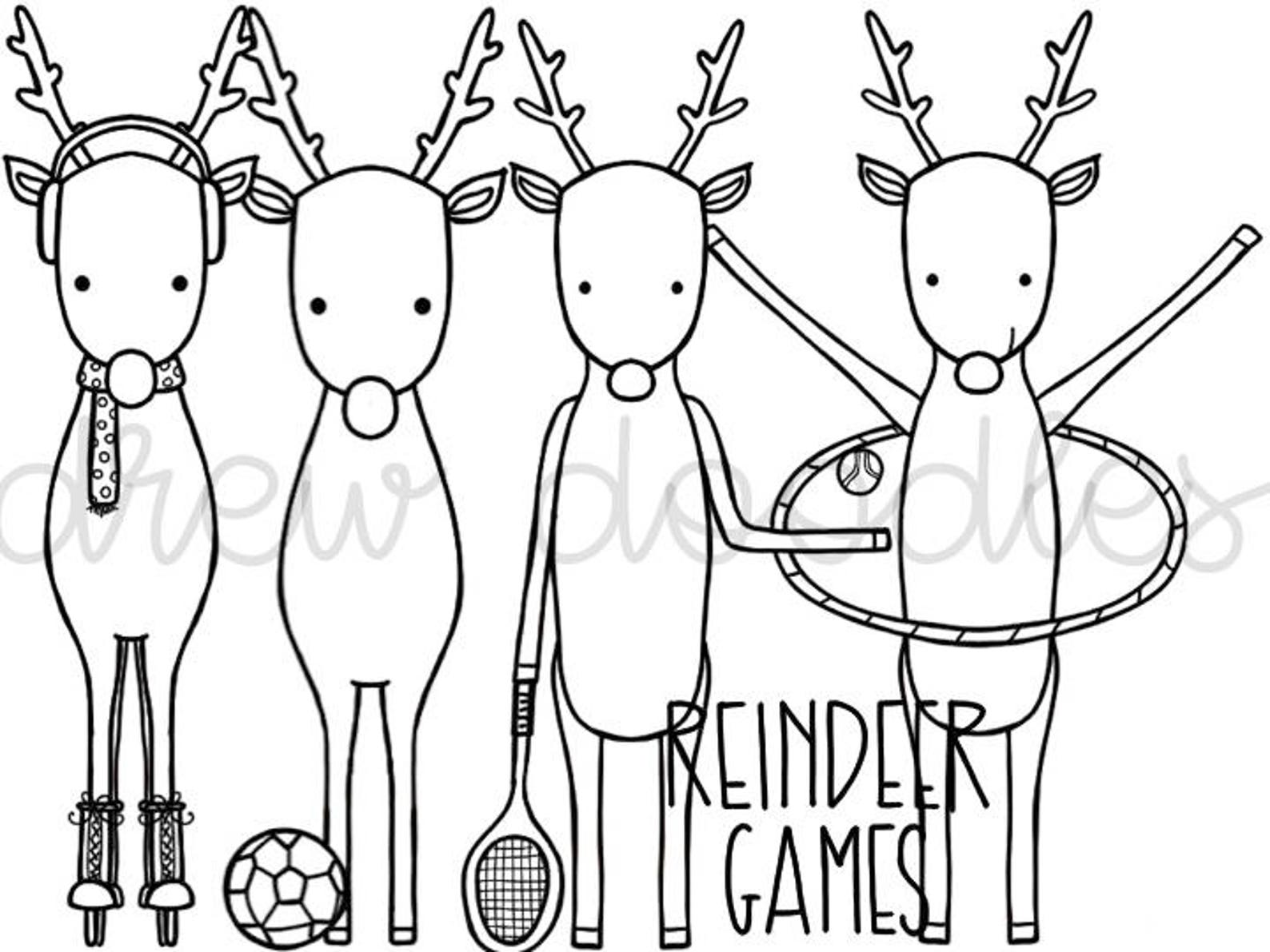 Reindeer Games Digital Clip Art Set Black Line Version - Etsy