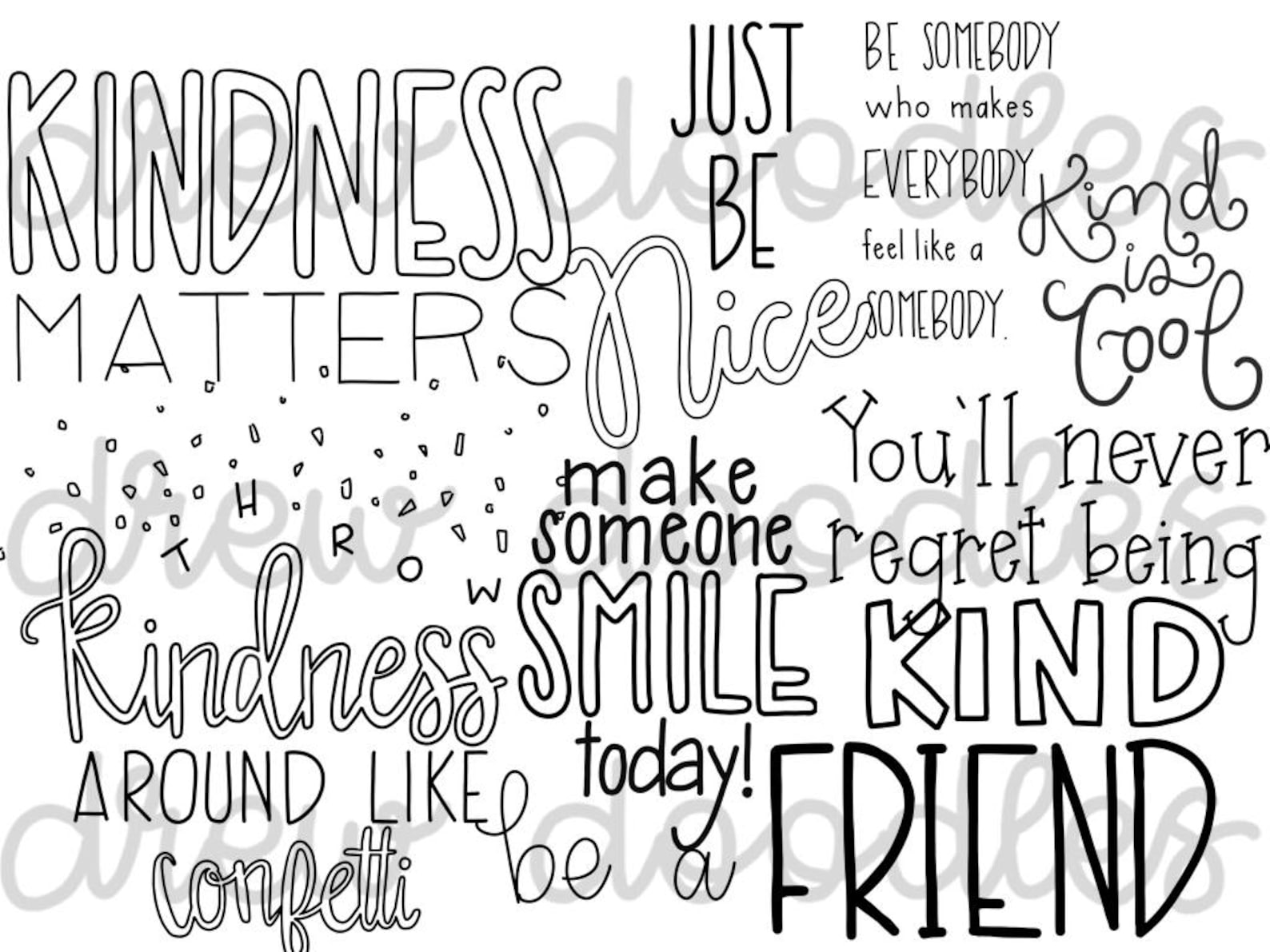 Kindness Doodles Digital Clip Art Set Black Line Version | Etsy