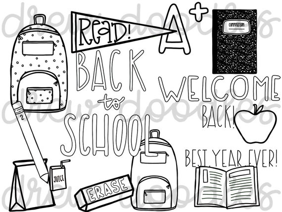 Back to School Doodles Digital Clip Art Set Black Line | Etsy