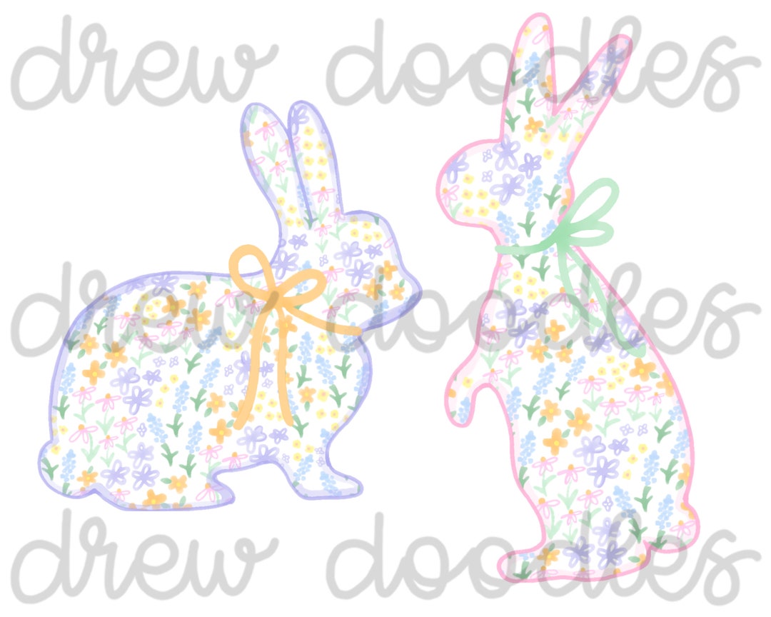 Watercolor Pastel Floral Easter Rabbits Bunnies With Bows Digital Clip ...