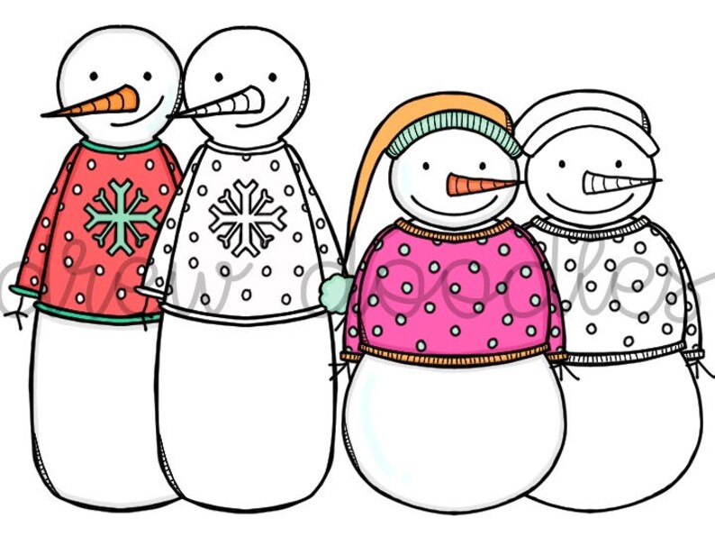Bright Snowmen Digital Clip Art Set Color and Black Line - Etsy