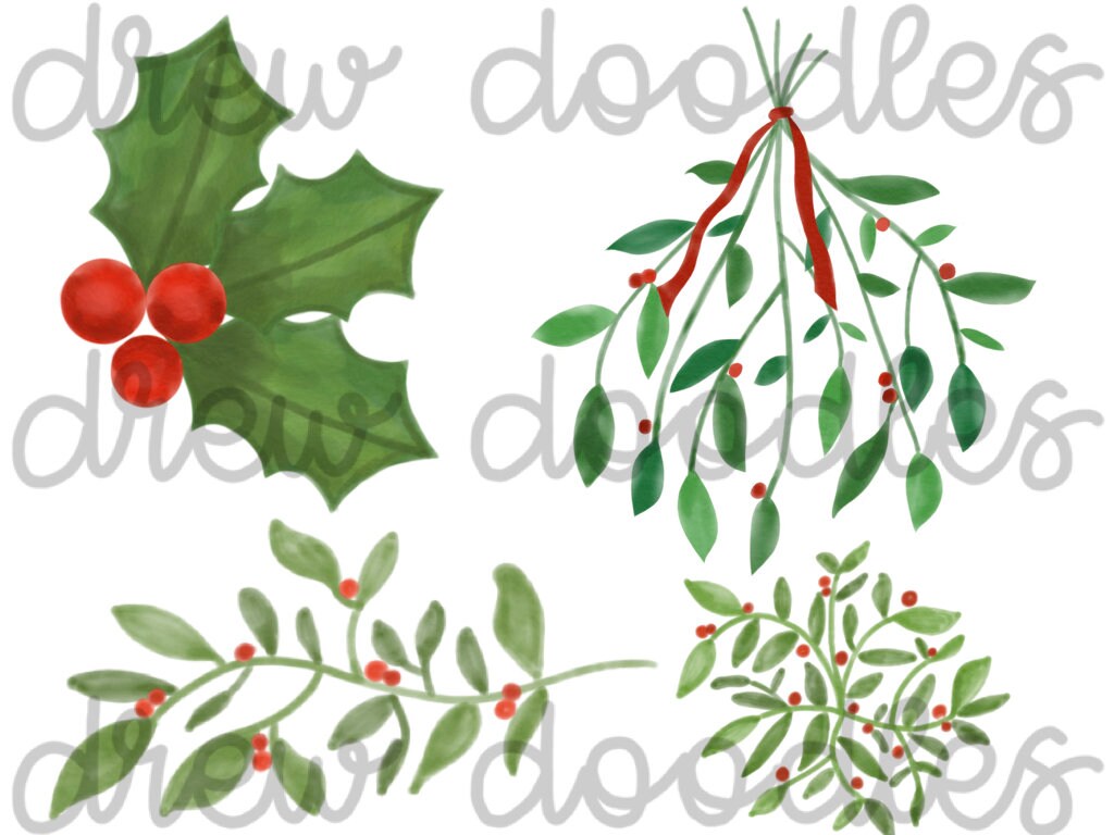 Watercolor Mistletoe and Holly Digital Clip Art Set Instant - Etsy