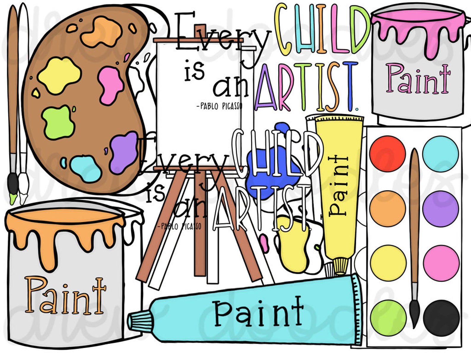 Paint Art Supplies Digital Clip Art Set Color and Black Line | Etsy