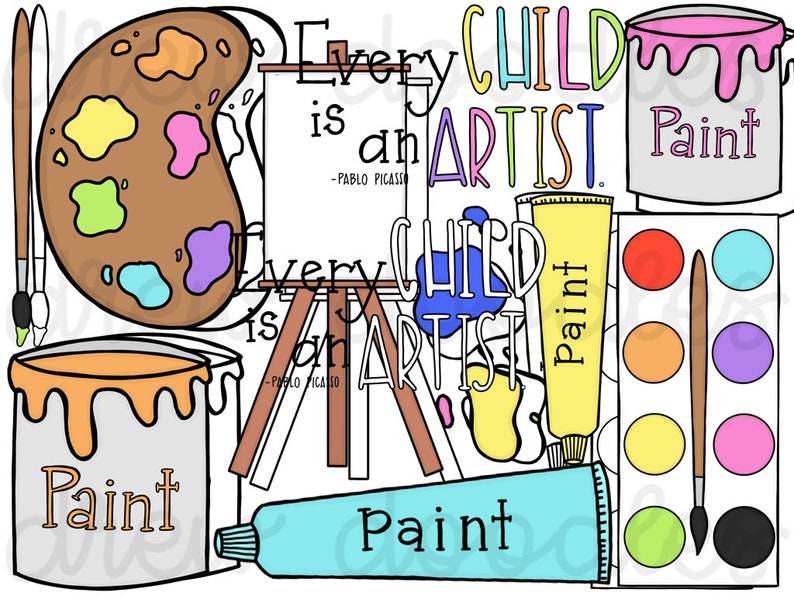 Paint Art Supplies Digital Clip Art Set Color and Black Line | Etsy