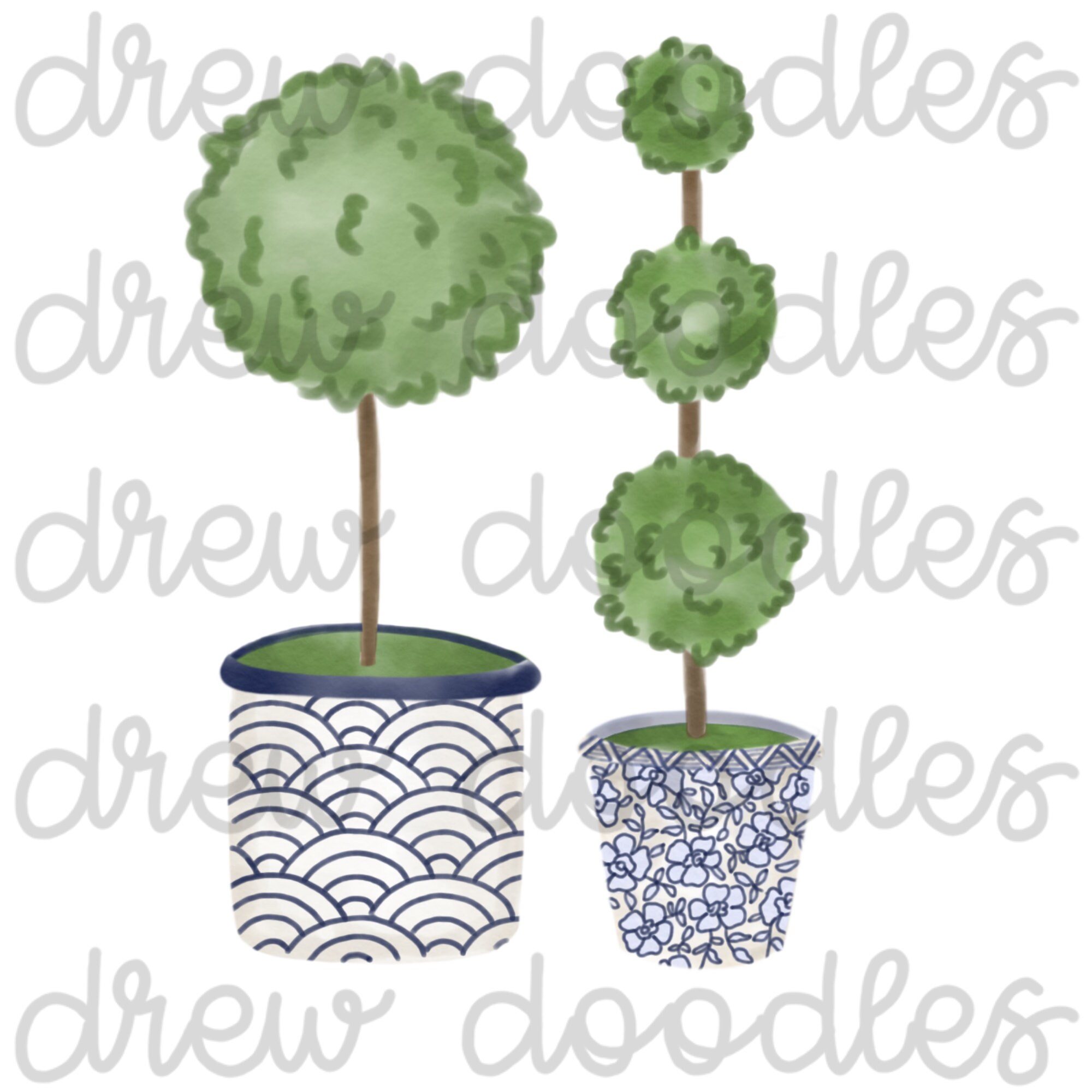 Watercolor Chinoiserie Boxwood Topiaries- Digital Clip Art Set- Instant ...