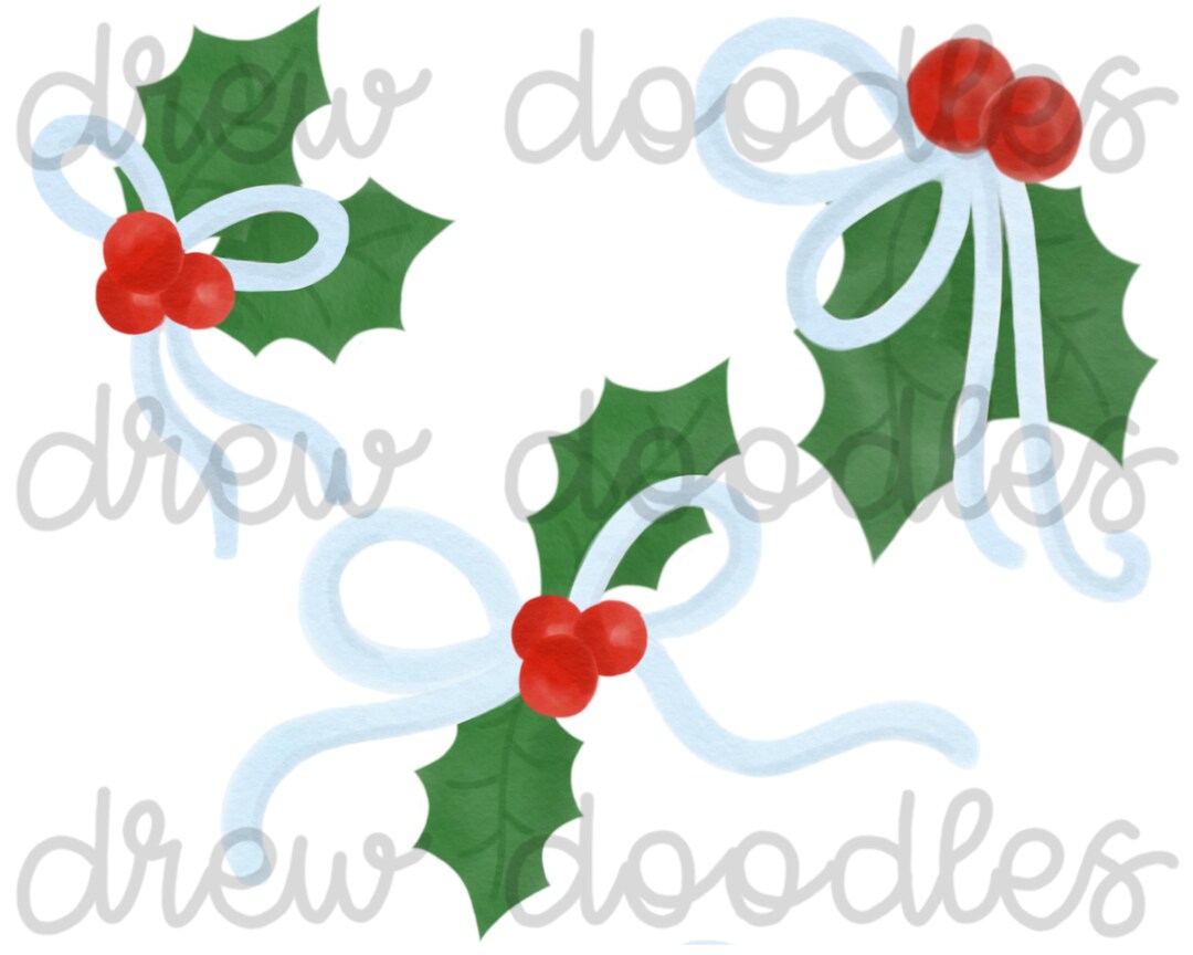 Watercolor Christmas Holly With Blue Ribbons Bows- Digital Clip Art Set ...