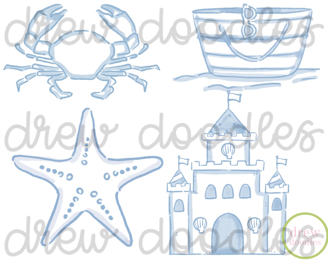 Watercolor Blue Beach Coastal Toile Elements Digital Clip Art Set ...