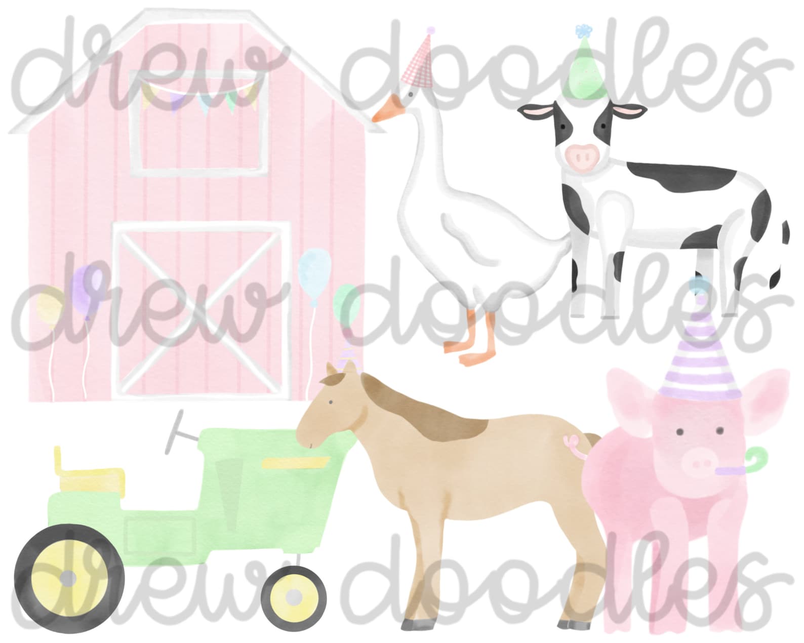 Watercolor Pastel Pink Farm Birthday Digital Clip Art Set- Instant ...
