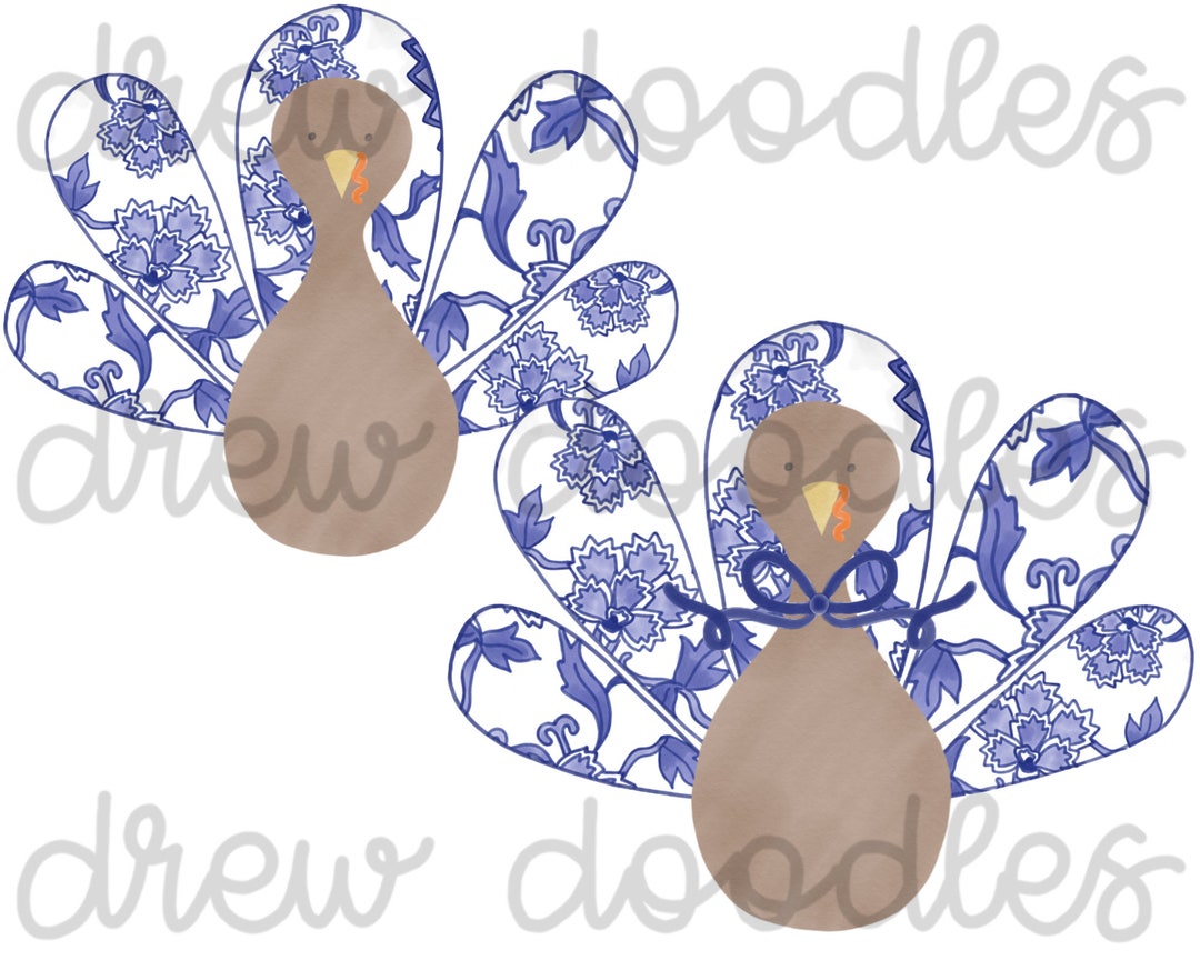Watercolor Blue Chinoiserie Thanksgiving Turkey Digital Clip Art Set ...