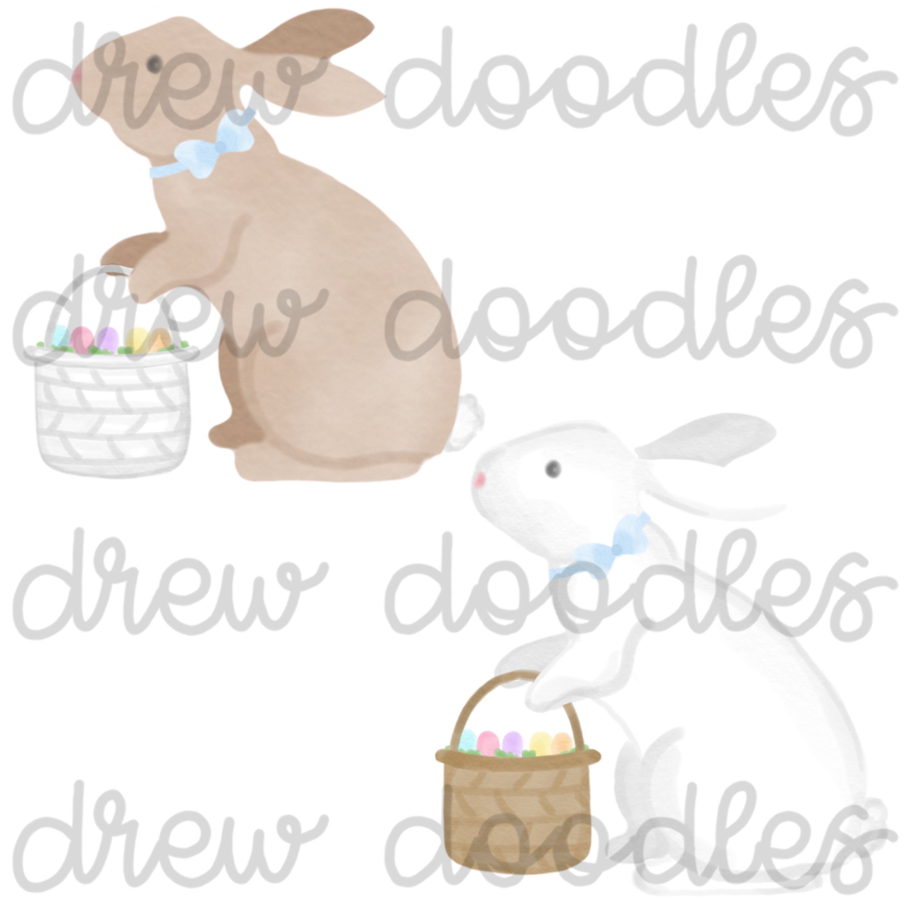 Watercolor Easter Bunnies With Blue Bow Digital Clip Art Set - Etsy