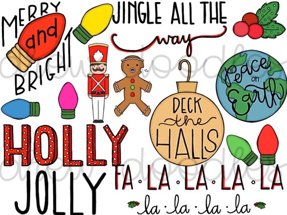 Christmas Doodles Digital Clip Art Set Color and Black Line | Etsy