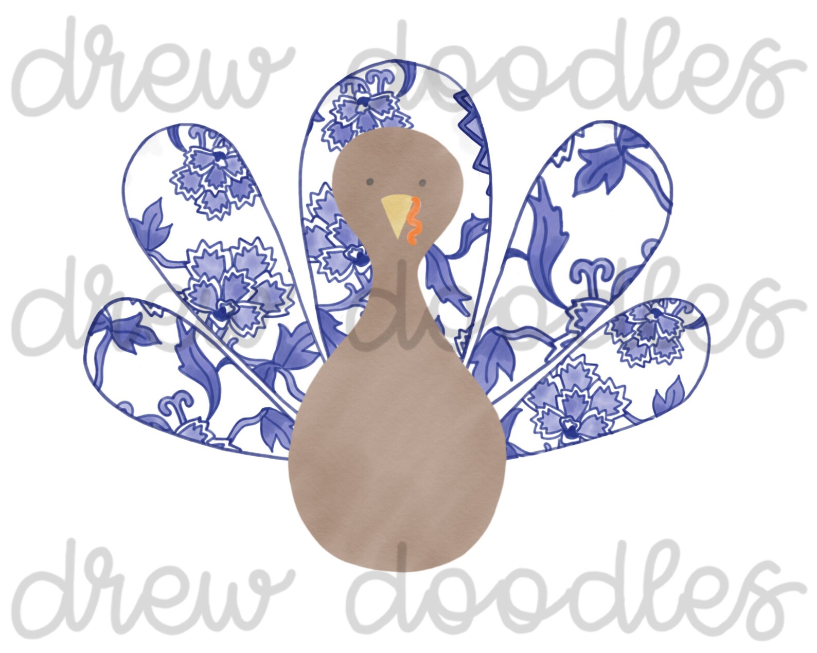 Watercolor Blue Chinoiserie Thanksgiving Turkey Digital Clip Art Set ...