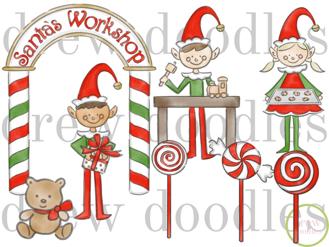 Watercolor North Pole Santa's Workshop Elves Digital Clip Art Set ...
