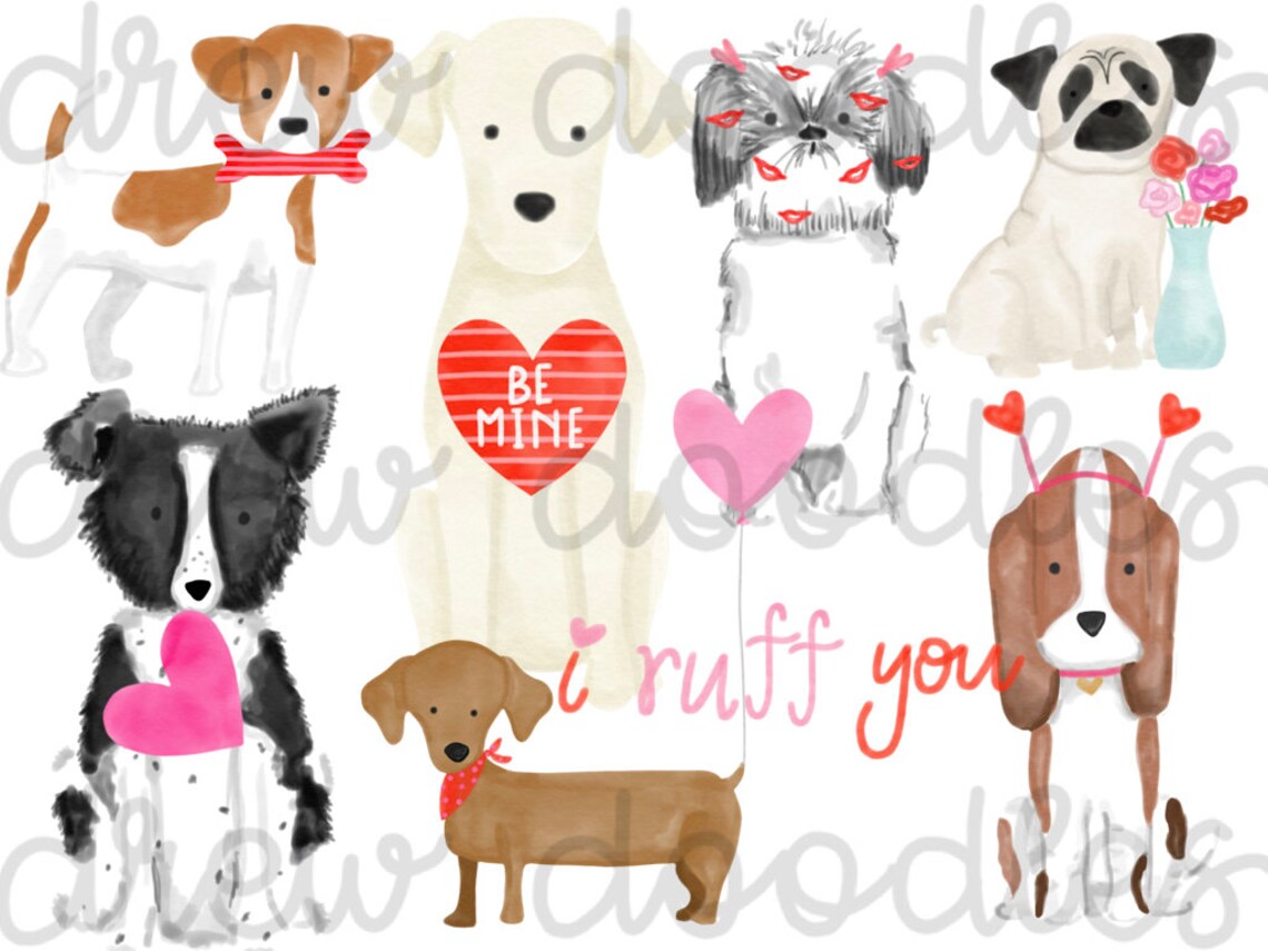 Watercolor Valentine's Day Dogs Digital Clip Art Set | Etsy