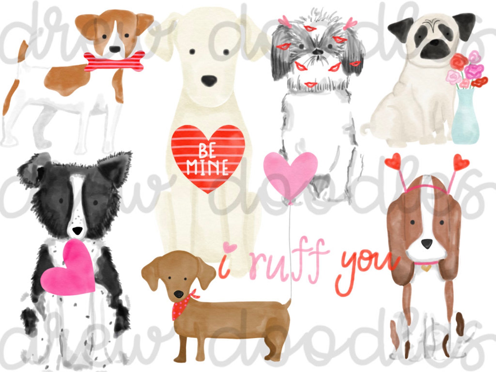 Watercolor Valentine's Day Dogs Digital Clip Art Set- Instant Download ...