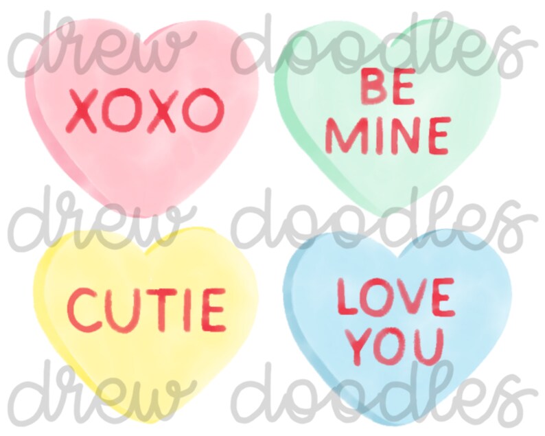 Watercolor Valentine's Day Conversation Hearts Candy Hearts Digital ...