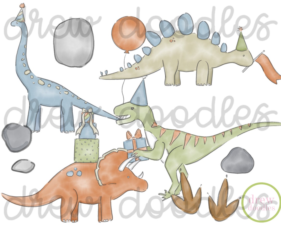 Watercolor Birthday Party Dinosaurs Digital Clip Art Set- Instant ...
