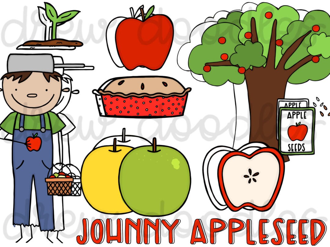 Johnny Appleseed Digital Clip Art Set Color and Black Line COMBO ...