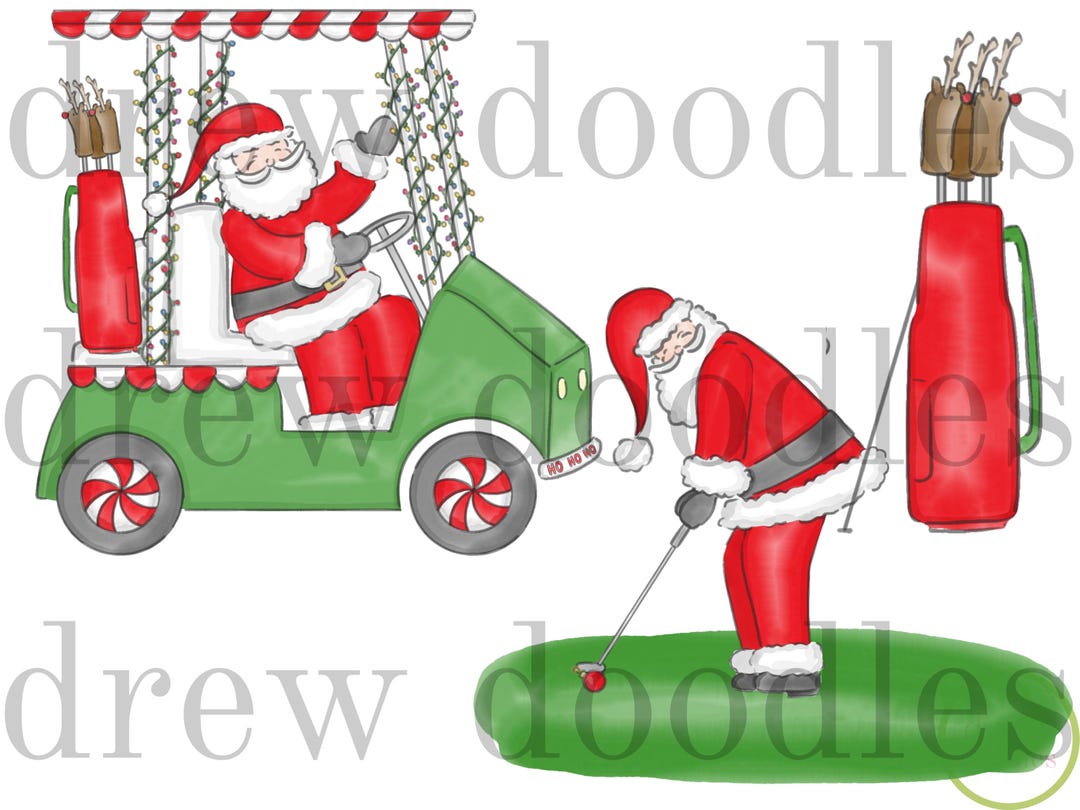 Watercolor Santa Golf Cart Golfing- Digital Clip Art Set- Instant ...