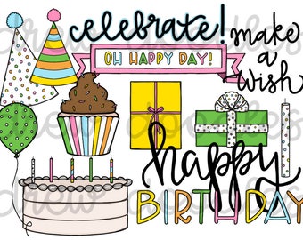 Doodled Birthday Set Digital Download Clip Art Birthday - Etsy