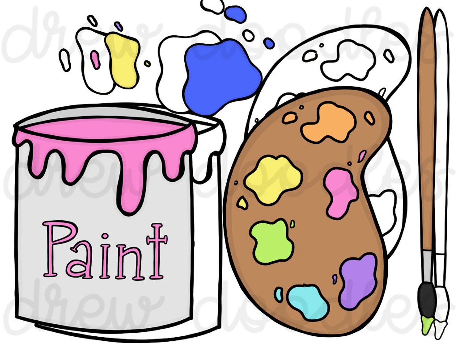 Paint Art Supplies Digital Clip Art Set Color and Black Line | Etsy