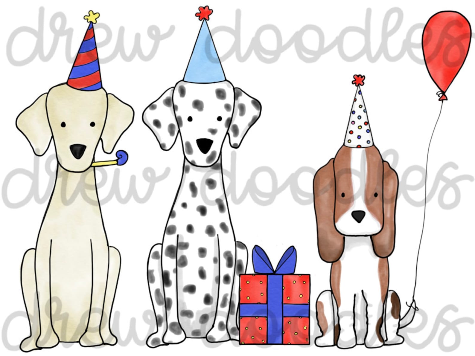 Watercolor Primary Party Dogs Digital Clip Art Set Instant | Etsy