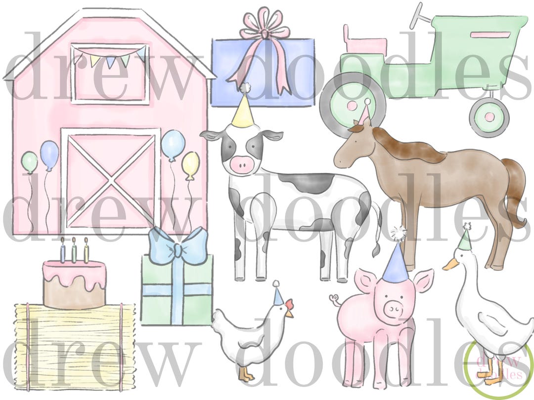 Watercolor Outlined Pastel Pink Farm Birthday Digital Clip Art Set ...
