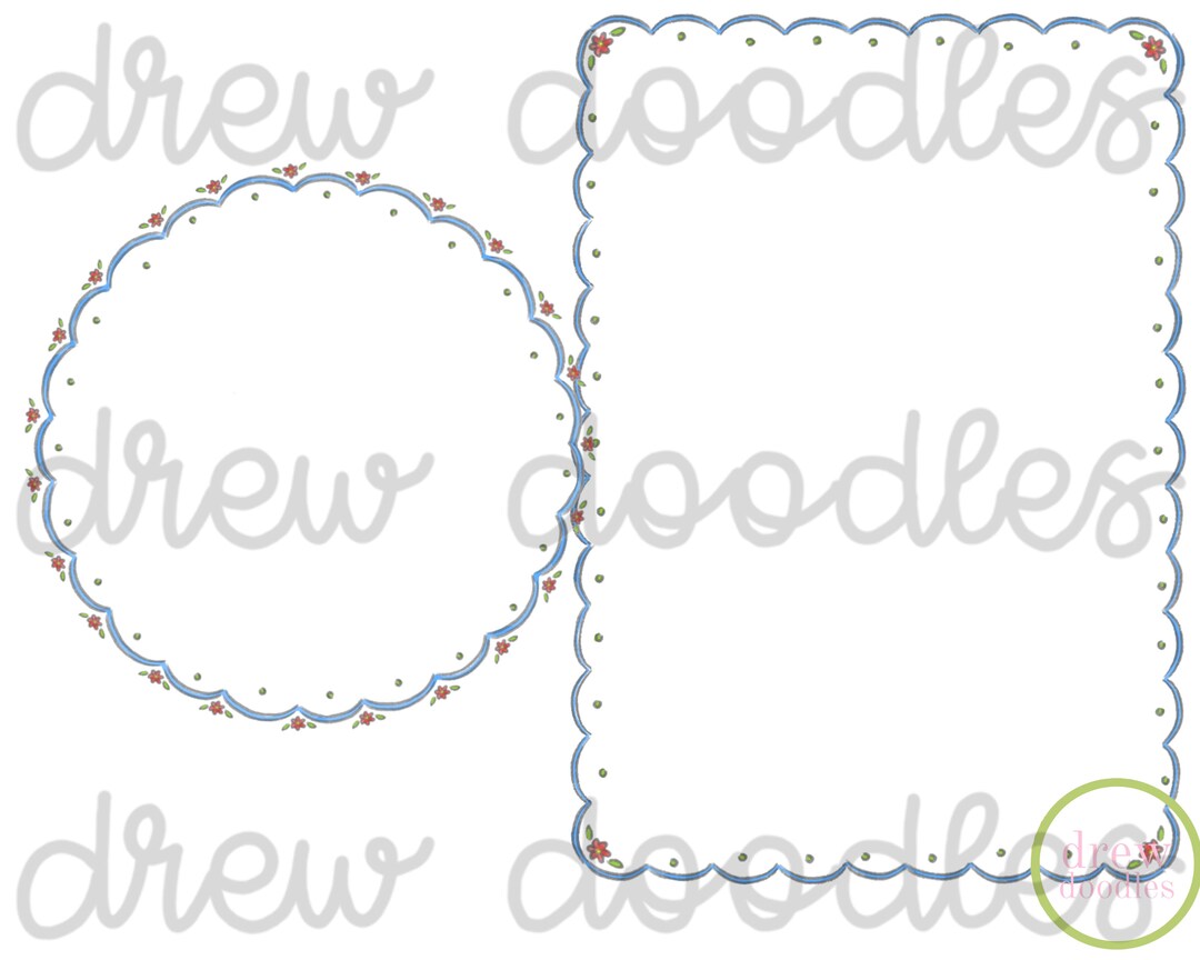 Watercolor Blue Floral Scallop Circle and Rectangle Frames- Digital ...