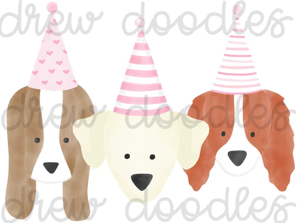Watercolor Pink Party Dog Heads Digital Clip Art Set- Instant Download ...