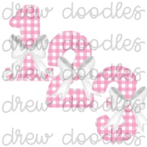 Watercolor Pink Gingham Numbers 0-9 With Bows Digital Clip Art Set ...
