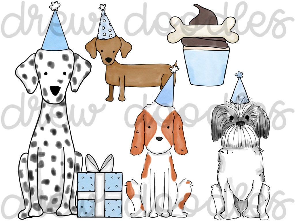 Watercolor Baby Blue Party Dogs Digital Clip Art Set Instant | Etsy
