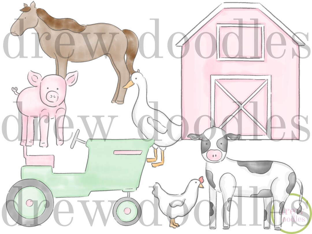 Watercolor Pink Pastel Farm Animals Digital Clip Art Set- Instant ...