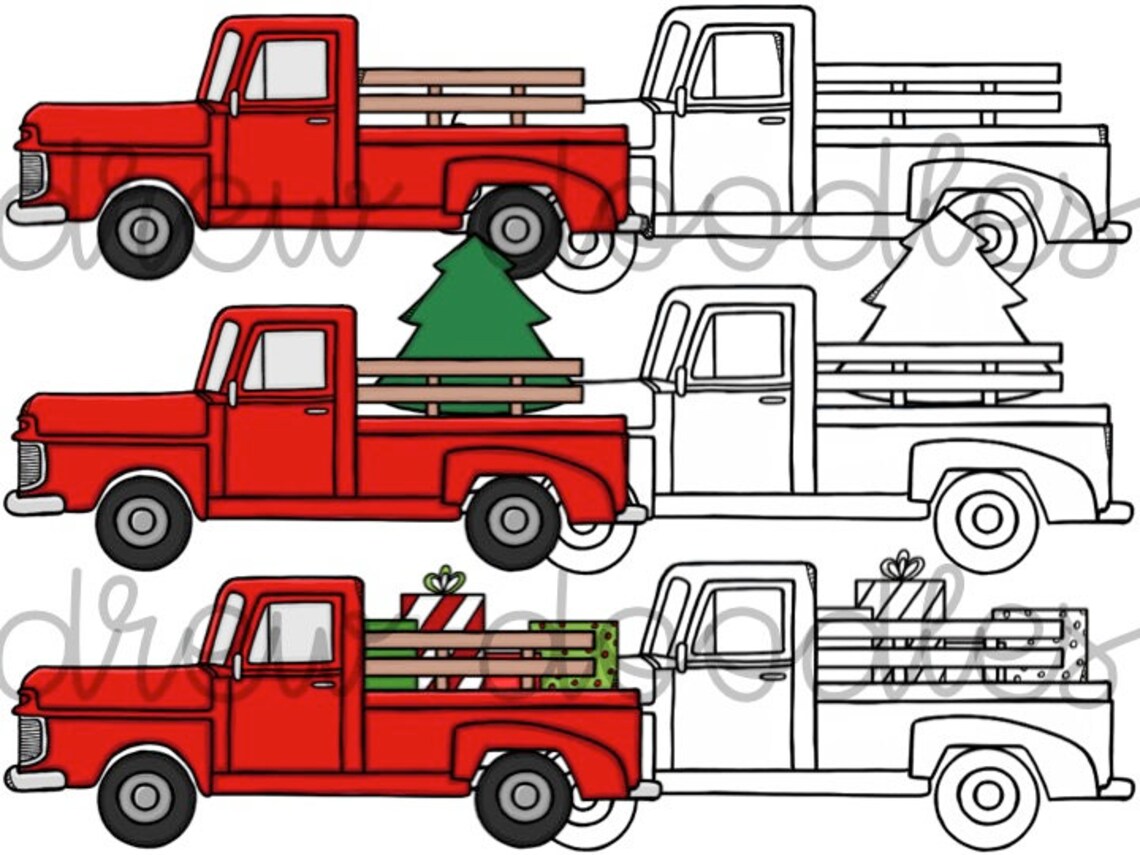 Christmas Trucks Digital Clip Art Set- Color and Black Line COMBO ...