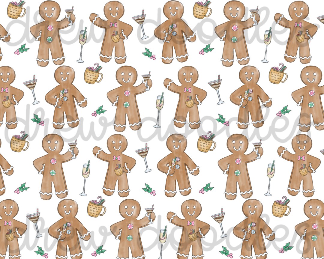 Watercolor Gingerbread Men With Cocktails Digital Paper (PNG, 4x4, 7x5 ...