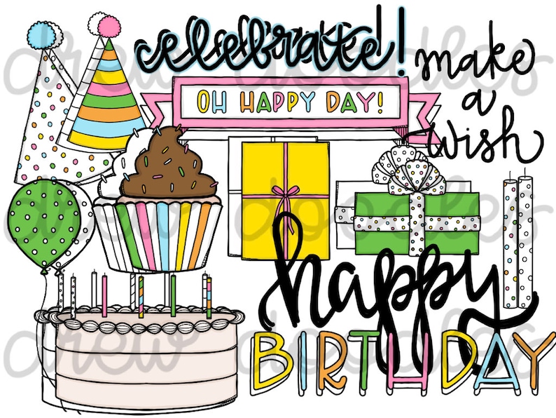 Birthday Doodles Digital Clip Art Set Color and Black Line - Etsy