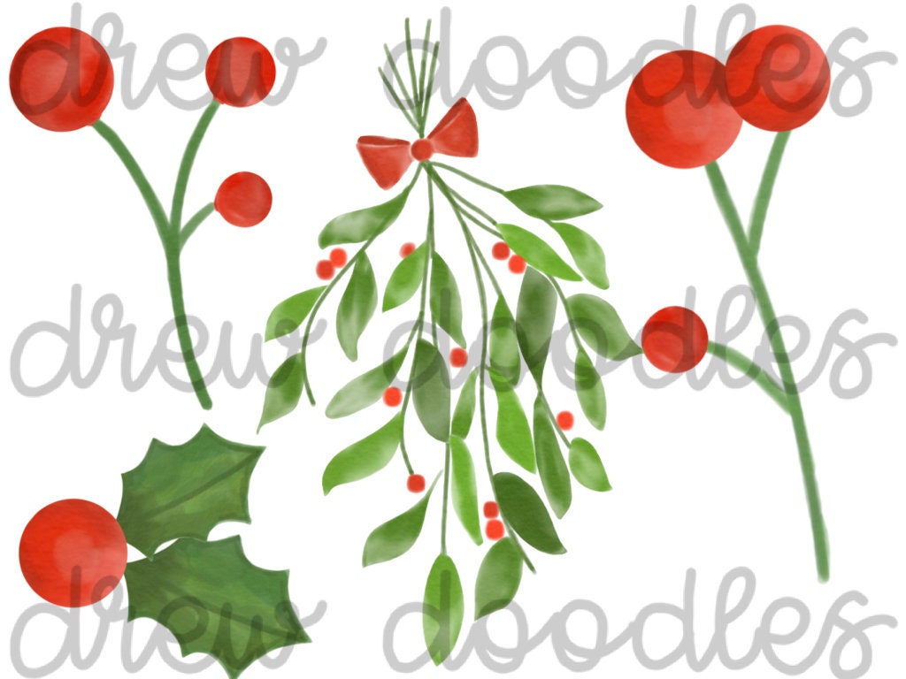 Watercolor Mistletoe and Holly Digital Clip Art Set Instant - Etsy