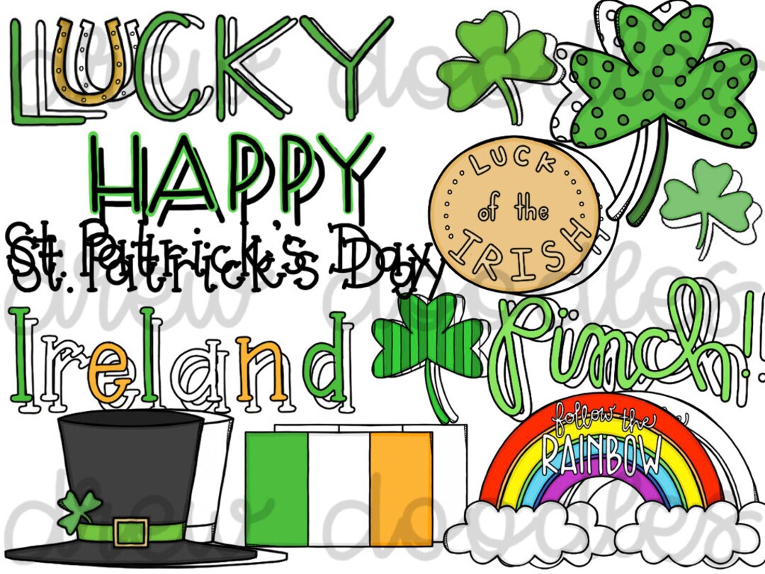 St. Patrick's Doodles Digital Clip Art Set- Black Line and Color COMBO ...