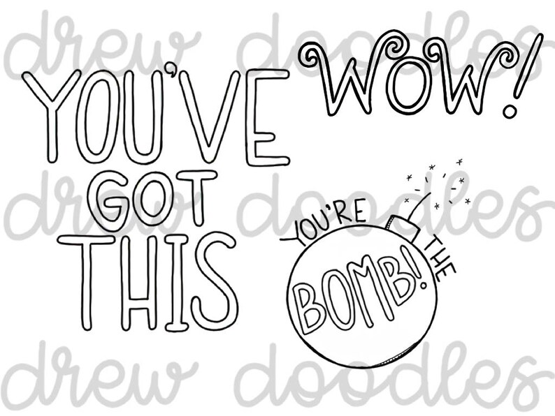 Positive Messages Doodles Digital Clip Art Set Black Line | Etsy