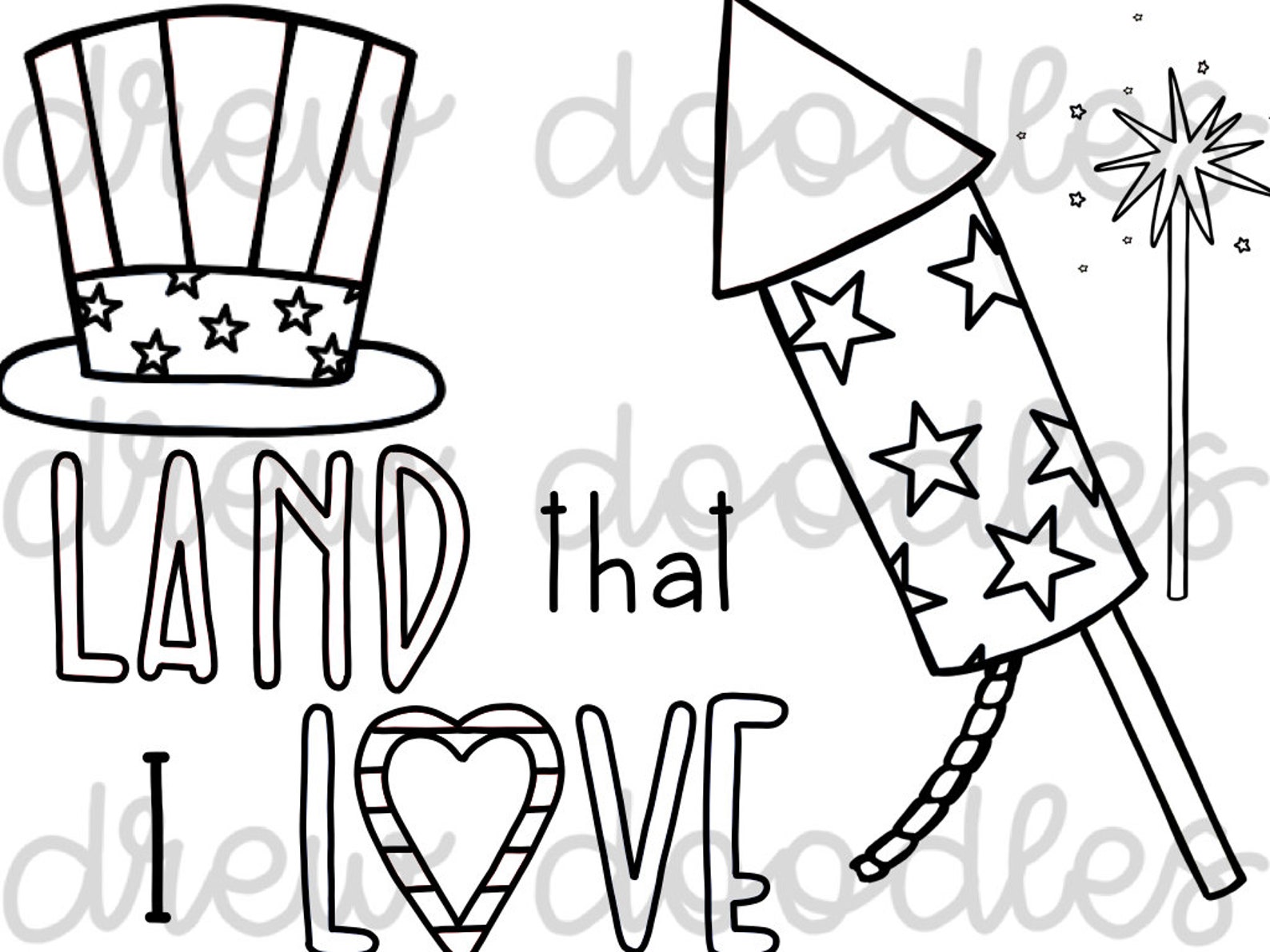 Patriotic Doodles Digital Clip Art Set Black Line Version | Etsy