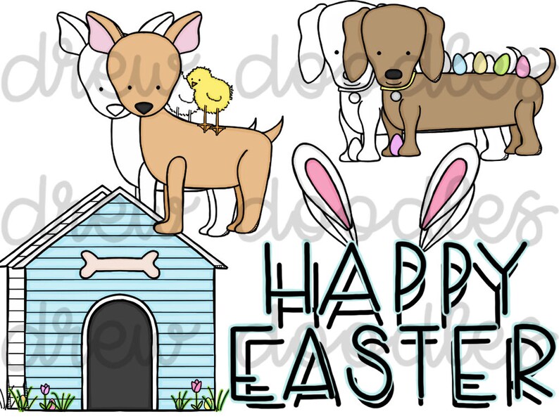 Easter Dogs Digital Clip Art Set Color and Black Line COMBO | Etsy