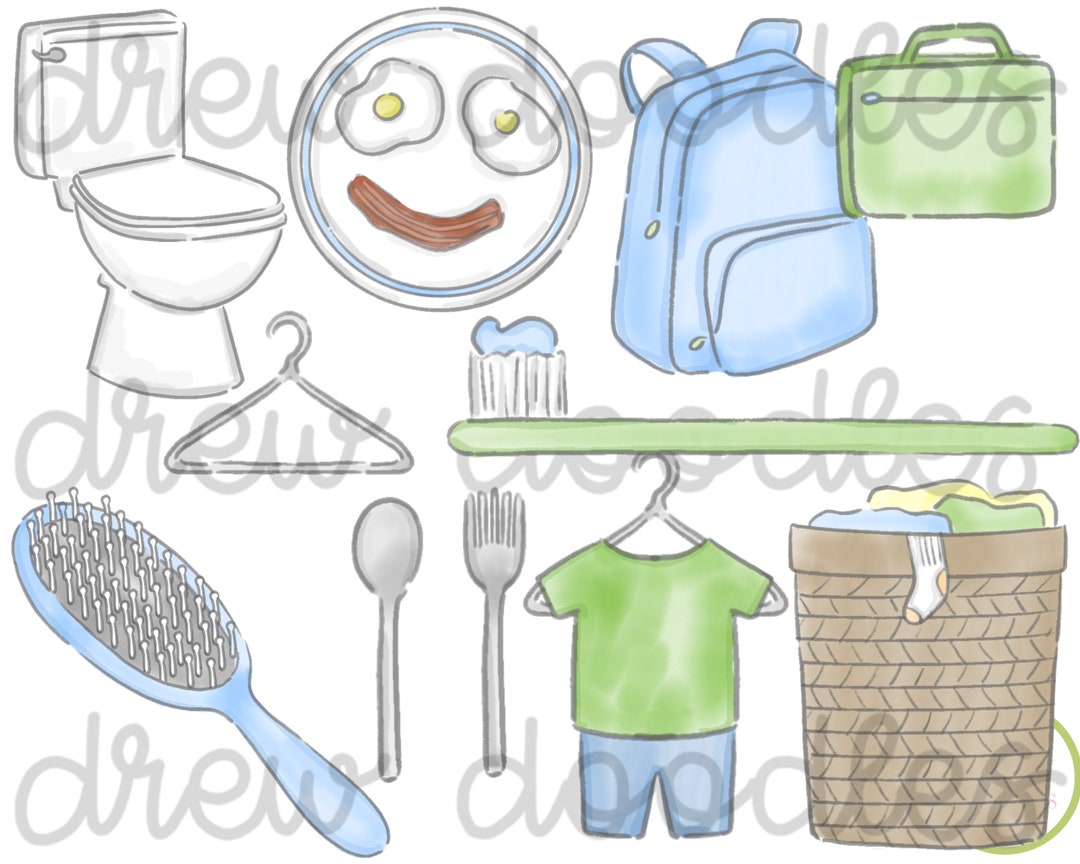 Watercolor Boys' Getting Ready Chores Digital Clip Art Set- Instant ...