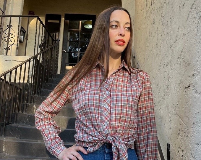 70s Red Plaid Metallic Long Sleeve Blouse - Etsy