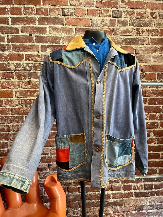 Mens Woodstock Era Patchwork Multi Toned Denim Jacket… - Gem