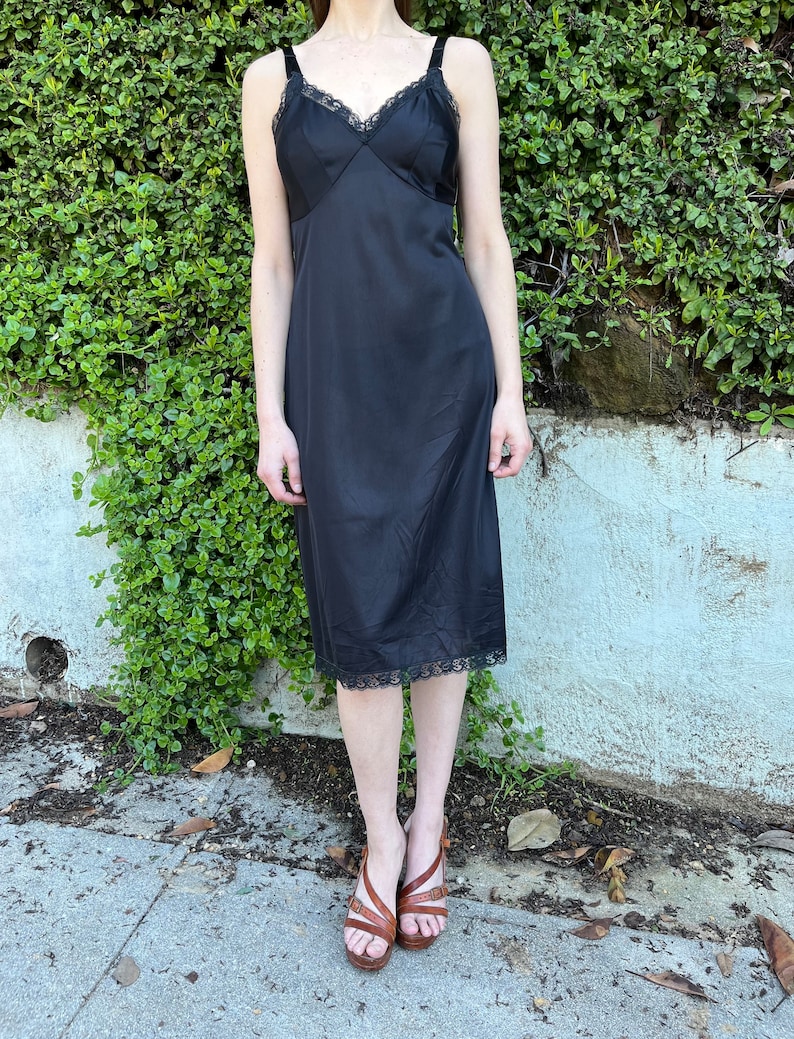 70s Deadstock Black Lace Trimmed Slip - Etsy