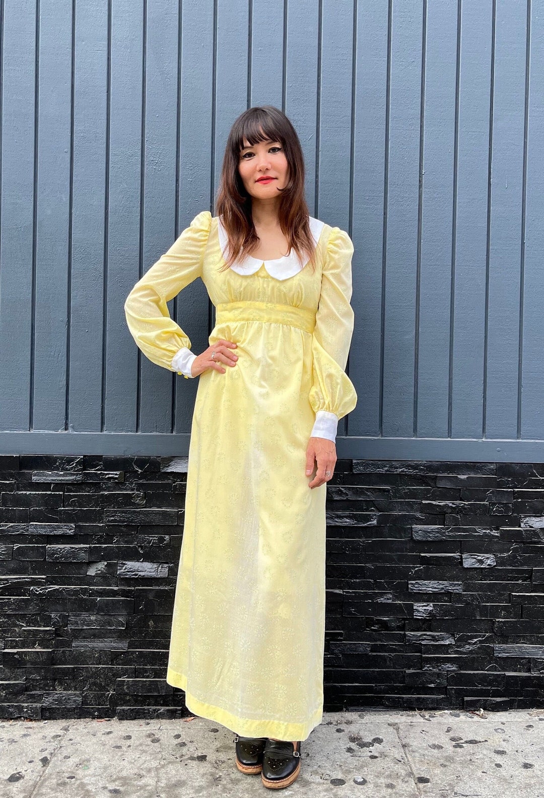 70s Flocked Yellow Peter Pan Collar Sheer Gown - Etsy
